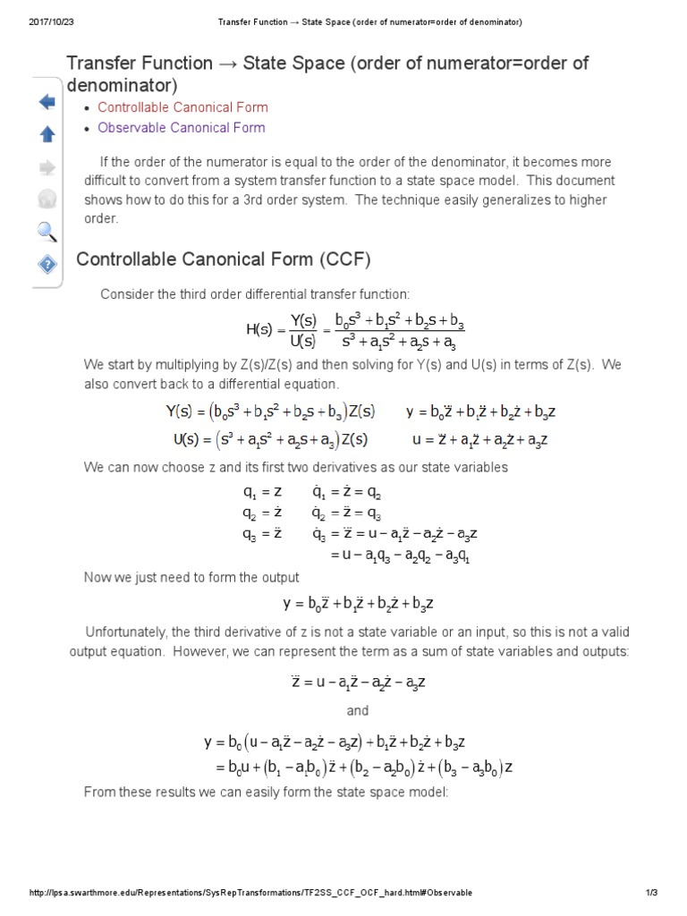 Transfer Function State Space (Order of Numerator Order of Denominator ...