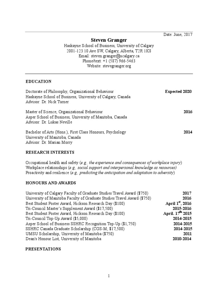 Steven Granger CV | Download Free PDF | Graduate School | Psychology