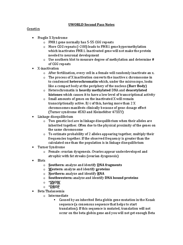 UWORLD Second Pass Notes | PDF | Gene | Histone