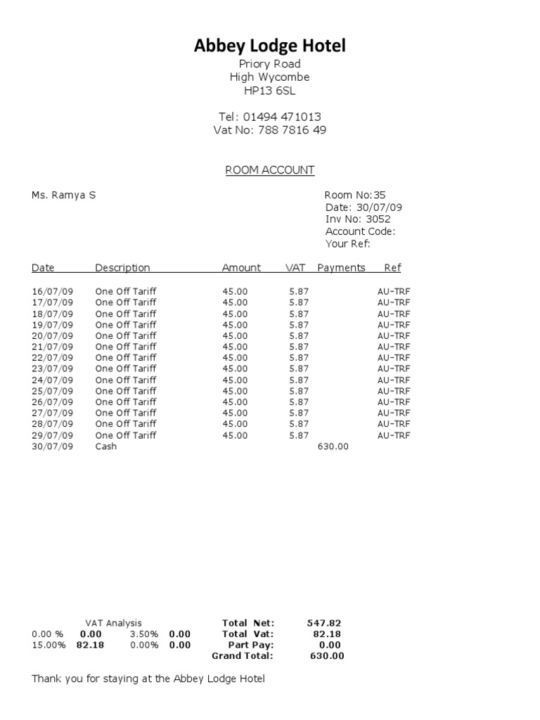 Abbey Lodge Hotel Room Account Summary | PDF