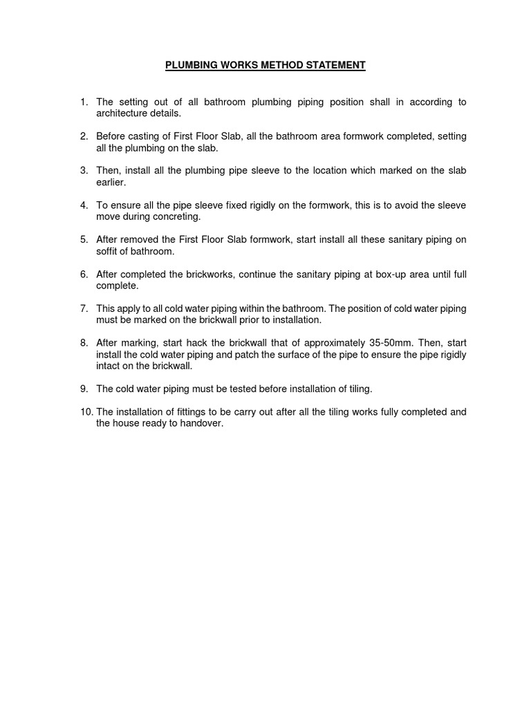Plumbing Works Method Statement | PDF | Plumbing | Horticulture And ...