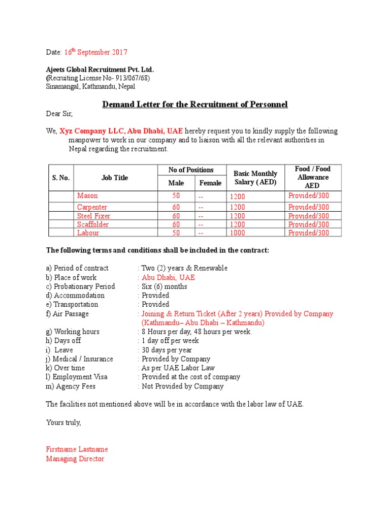 Demand Letter Sample For UAE | PDF | United Arab Emirates | Labour Law