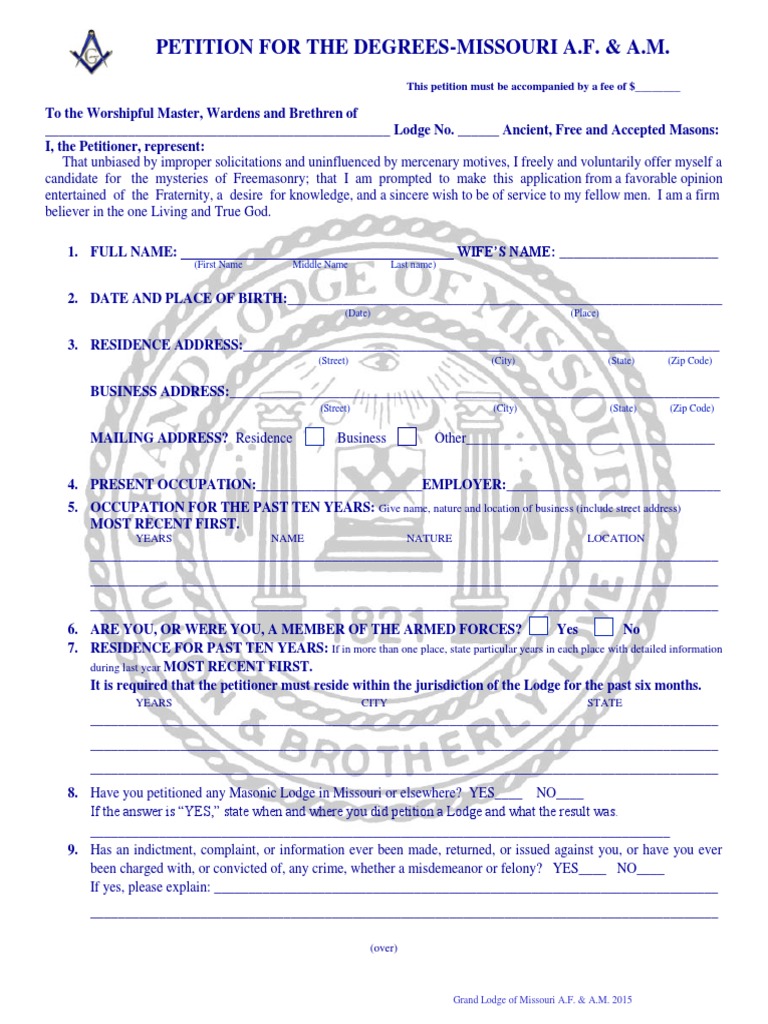 Freemason Membership Petition Form | PDF | Freemasonry | Masonic Lodge