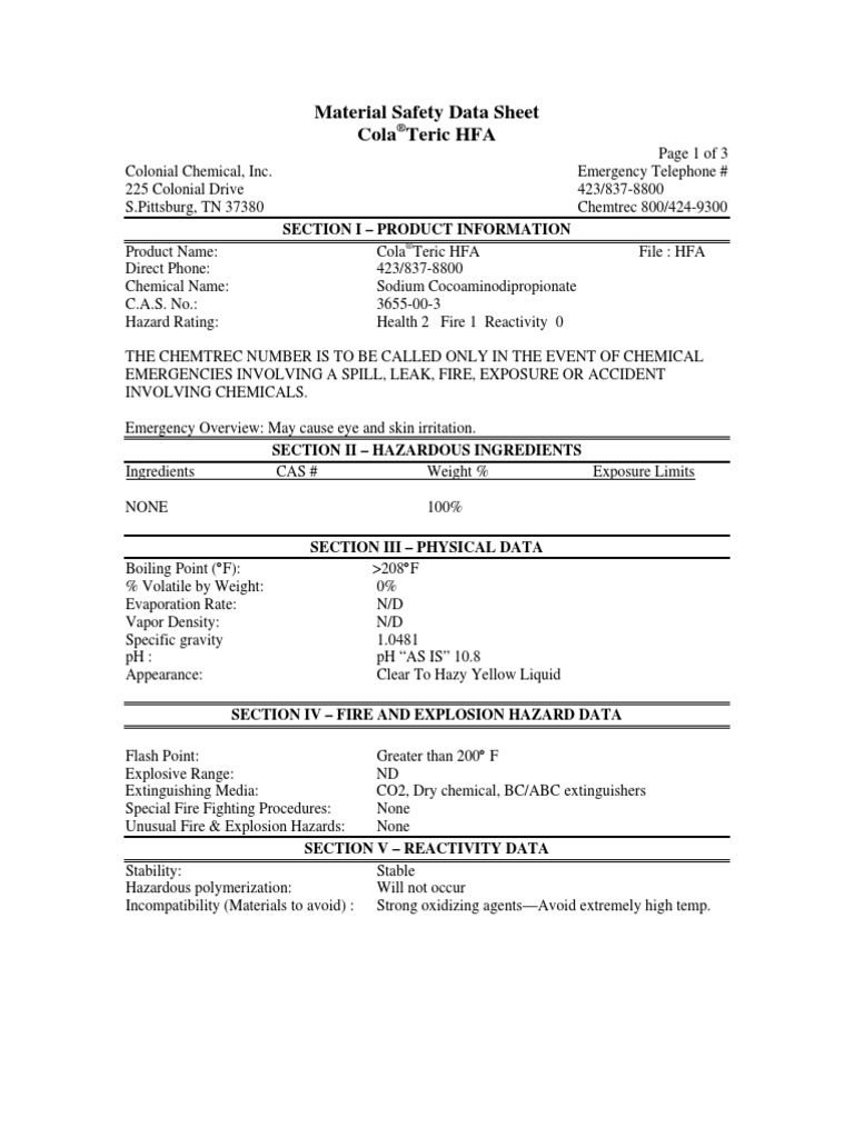MSDS Colateric Hfa | PDF | Personal Protective Equipment | Chemistry