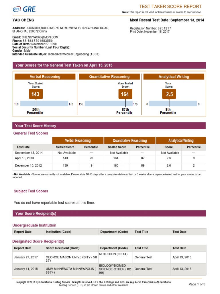 Gre Score | PDF | Graduate Record Examinations | Science