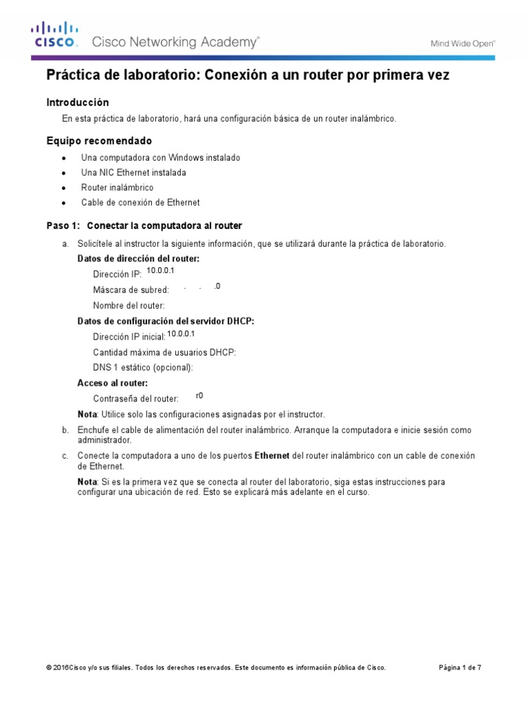 8.1.2.10 Lab - Connect To A Router For The First Time | PDF | Dirección IP | Enrutador (Computación)