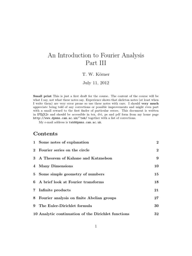 An Introduction To Fourier Analysis: T. W. K Orner July 11, 2012 | PDF ...