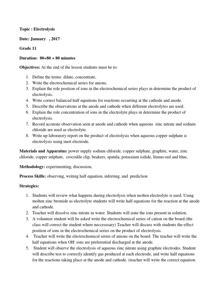 Electrolysis Plan | PDF | Electrolyte | Electrochemistry