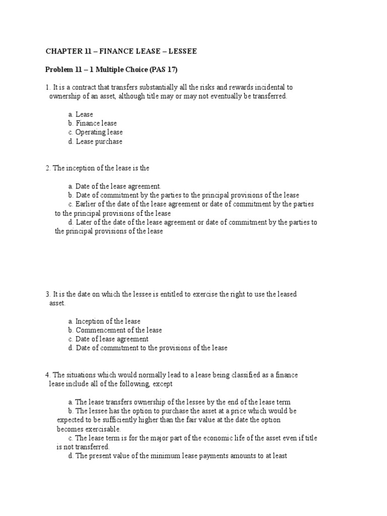 Chapter 11 - Finance Lease - Lessee Problem 11 - 1 Multiple Choice (PAS 17) | PDF | Lease ...