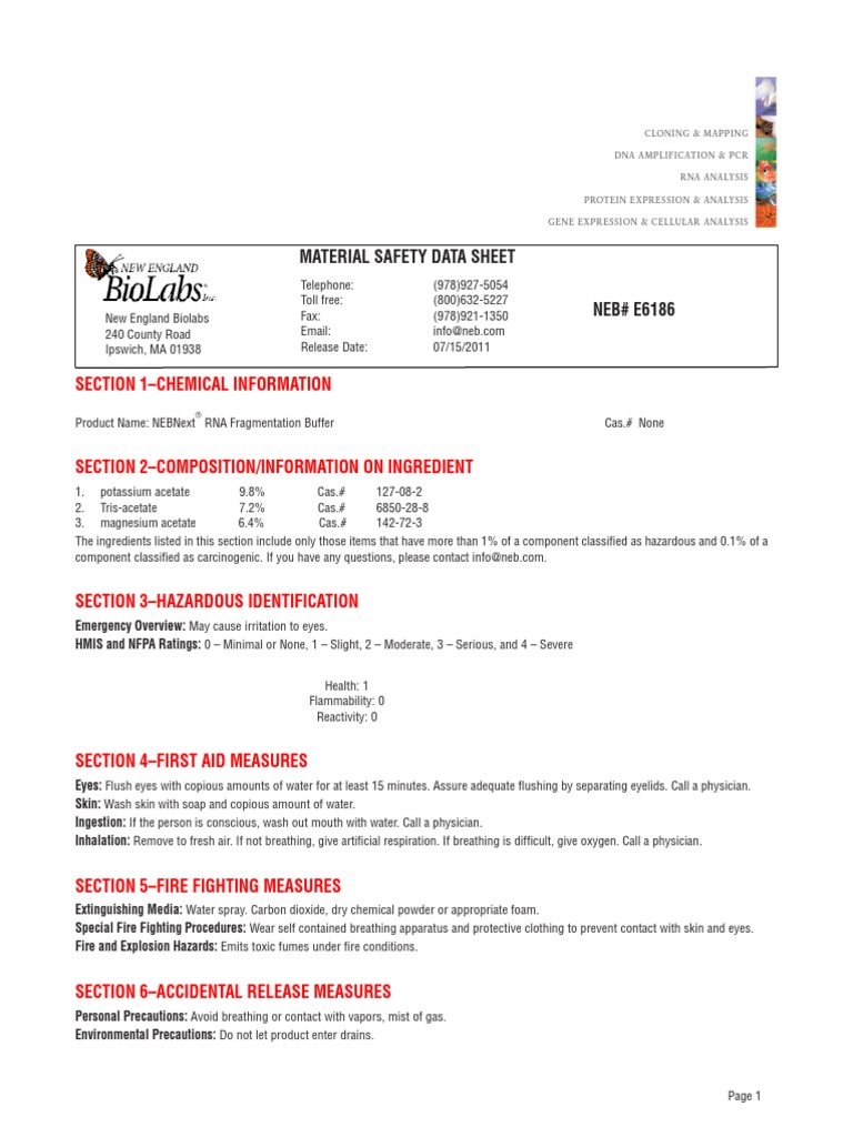 E6186 NEBNext RNA Fragmentation Buffer Msds | PDF | Personal Protective ...