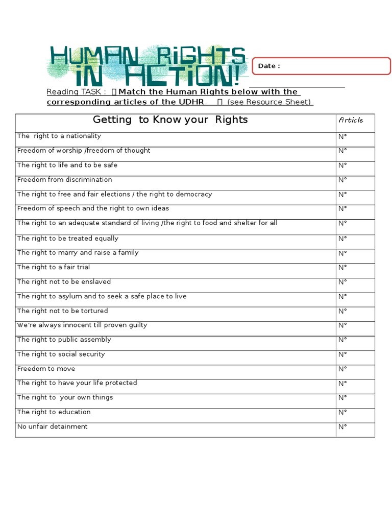 Match The Human Rights With The Corresponding Articles On The UDHR ...