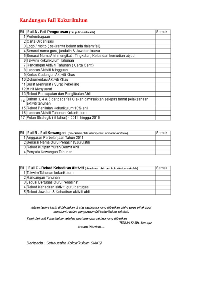 Kandungan Fail Kokurikulum | PDF