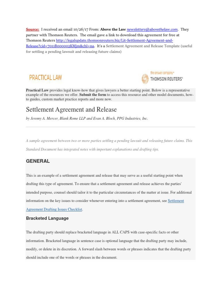 Settlement Agreement and Release Template (Useful For Settling A ...