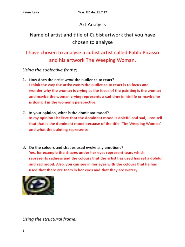 Lana Year 8 Art Analysis 1 | PDF | Cubism | Pablo Picasso