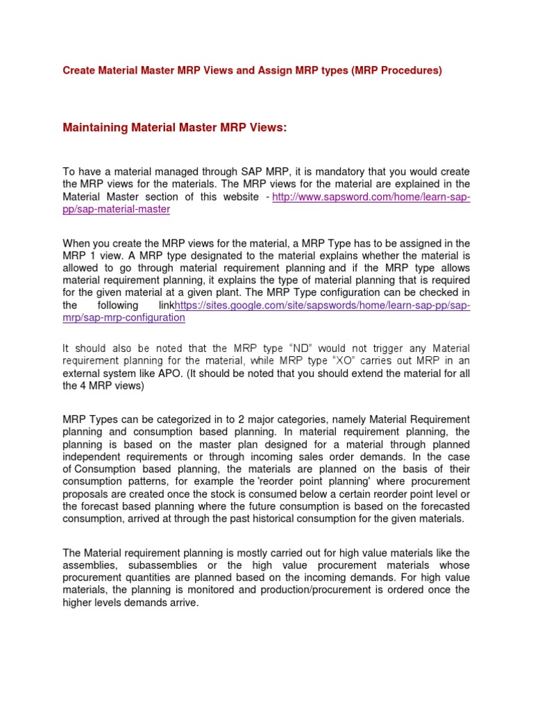 Create Material Master MRP Views and Assign MRP Types | PDF | Demand ...