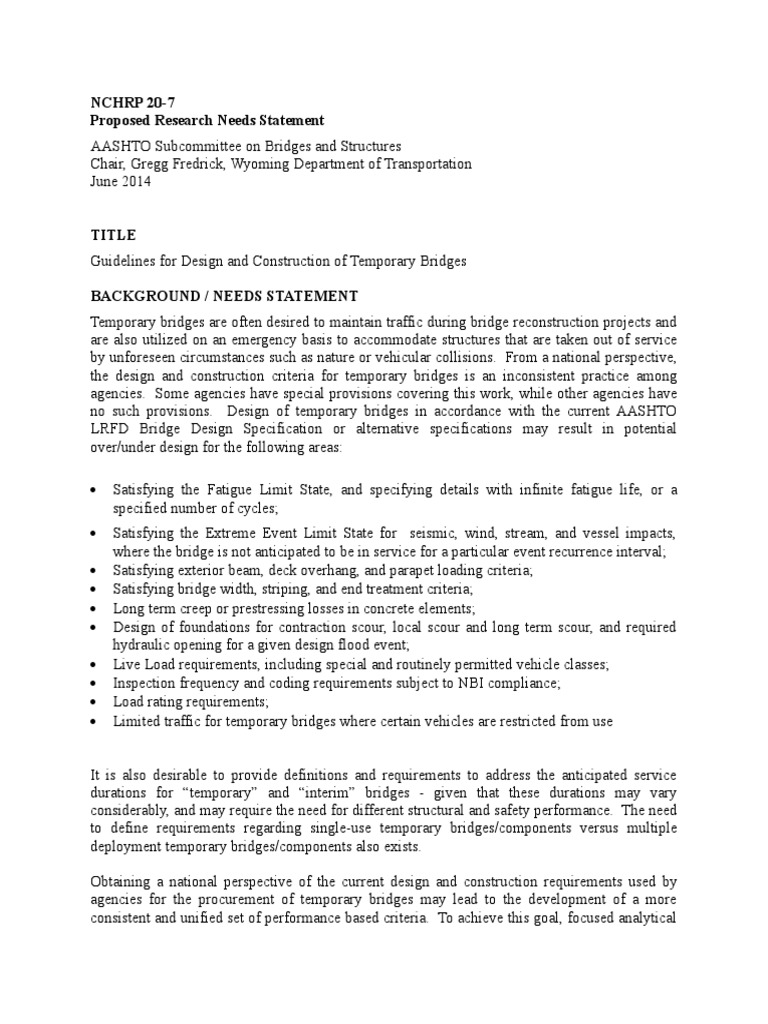 NCHRP 20 - 07 Proposal Temporary Bridge Design and Construction 7-04 ...
