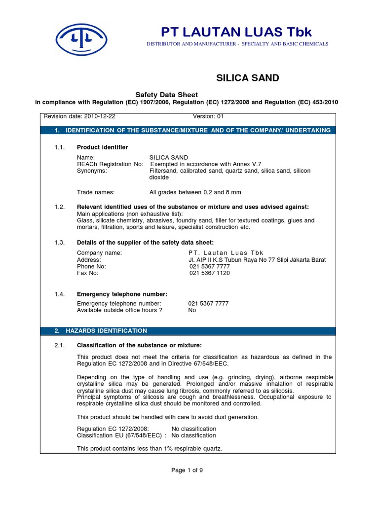 MMSDS Sand Silica | PDF | Personal Protective Equipment | Silicon Dioxide