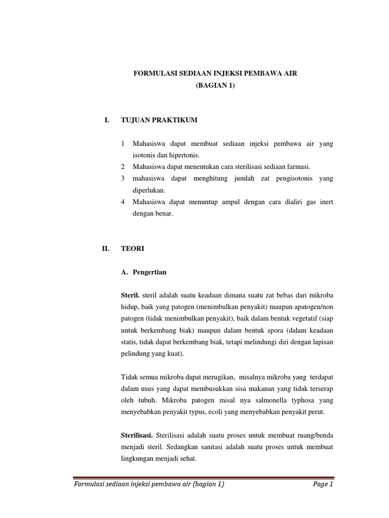 Laporan Praktikum Sediaan Injeksi Pembawa Air Pdf - Riset