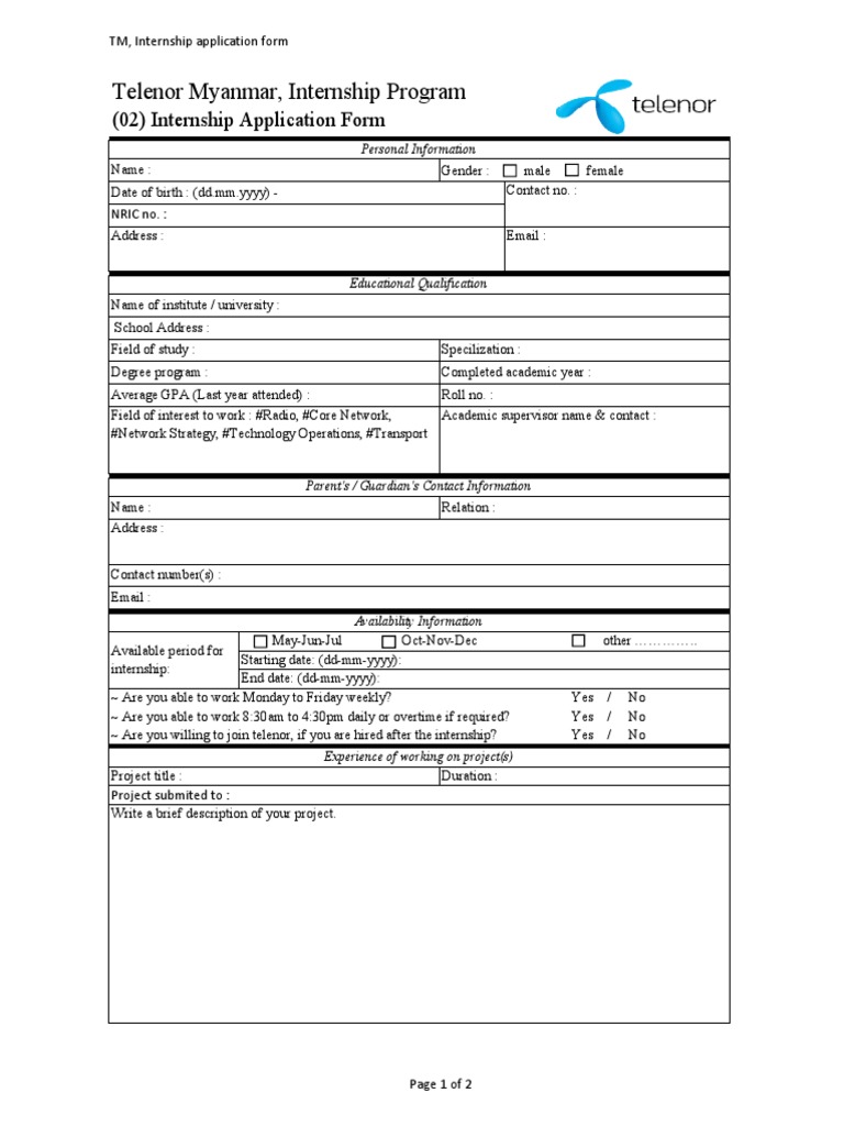 Internship Application Form - Telenor Myanmar PDF | PDF | Internship ...
