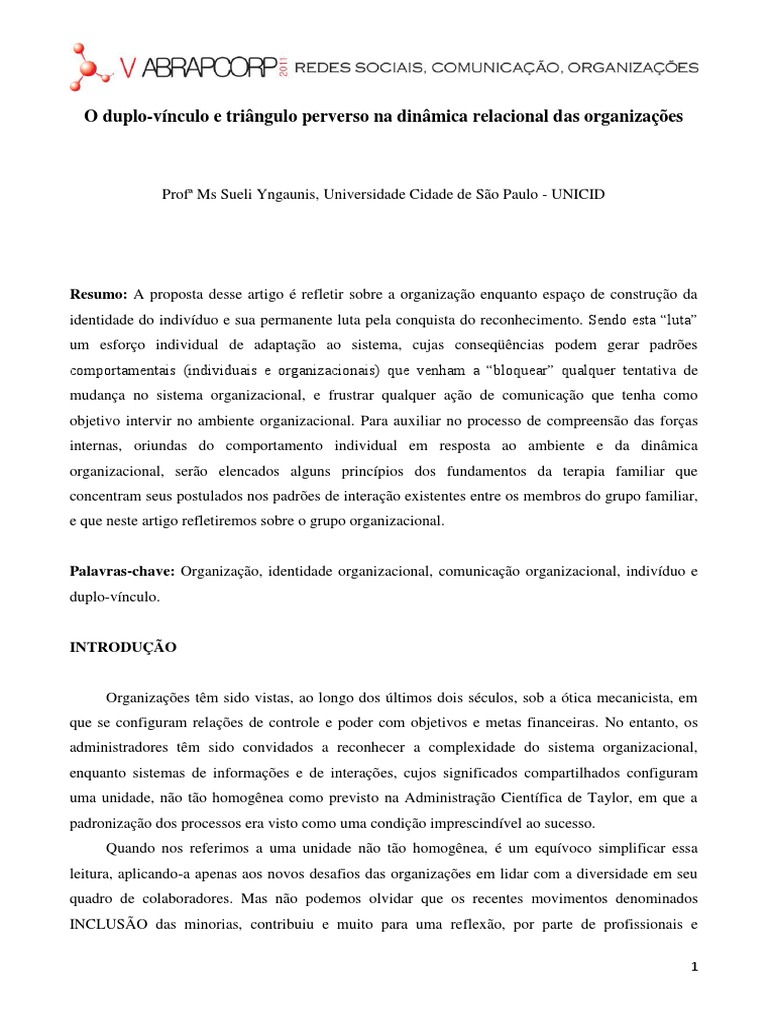 O Duplo-Vínculo e Triângulo Perverso Na Dinâmica Relacional Das ...