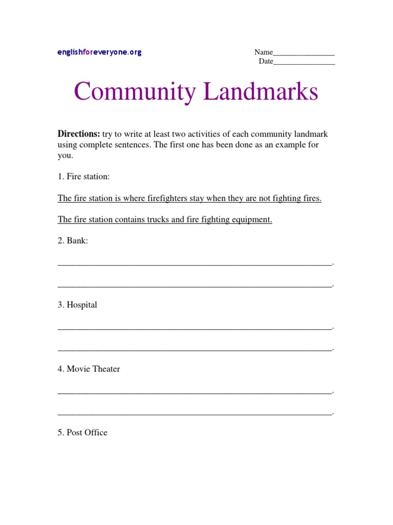 Community Landmarks: Directions: Try To Write at Least Two Activities ...