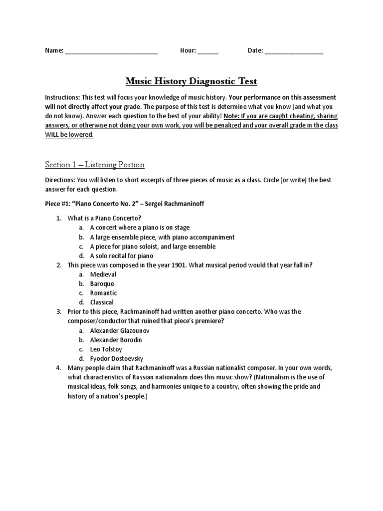 Music History Diagnostic Test Overview | PDF | Classical Period (Music ...