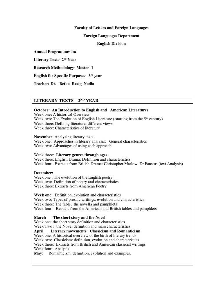 2nd Year Literary Texts | PDF