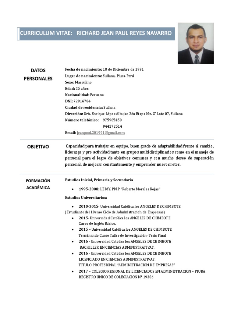 Curriculum Vitae de Richard Reyes Navarro | PDF | Gestión de recursos ...