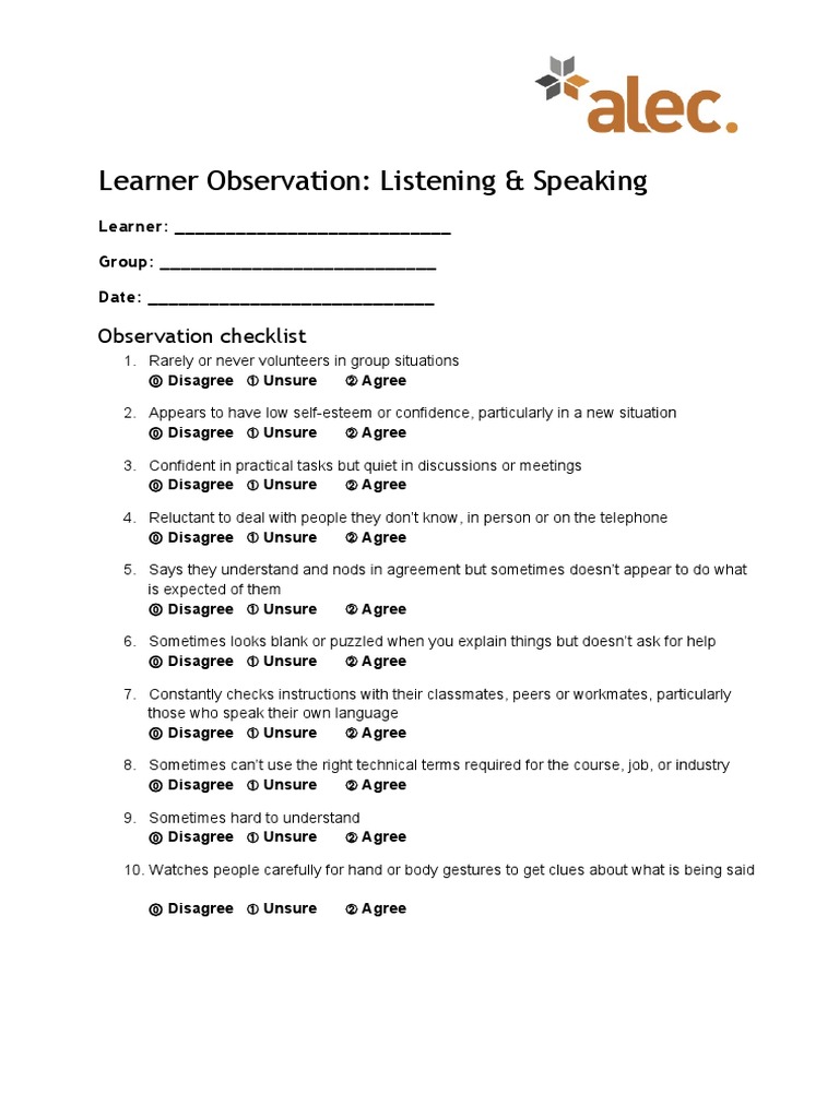 4 10 Learner Observation Listening Speaking | PDF | Applied Psychology ...