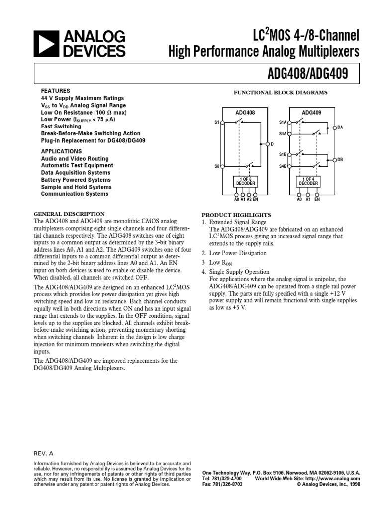 LC MOS 4-/8-Channel High Performance Analog Multiplexers ADG408/ADG409 | PDF | Electricity ...