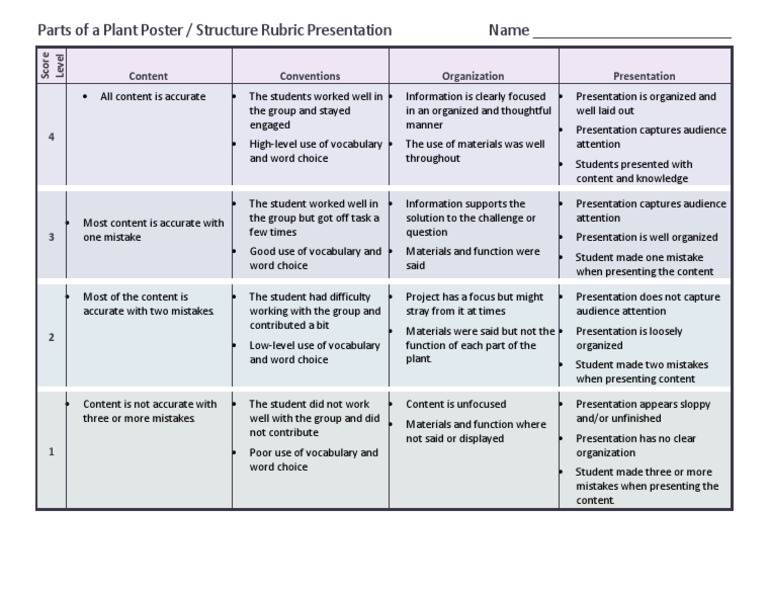 Parts of a Plant Poster / Structure Rubric Presentation Name ...