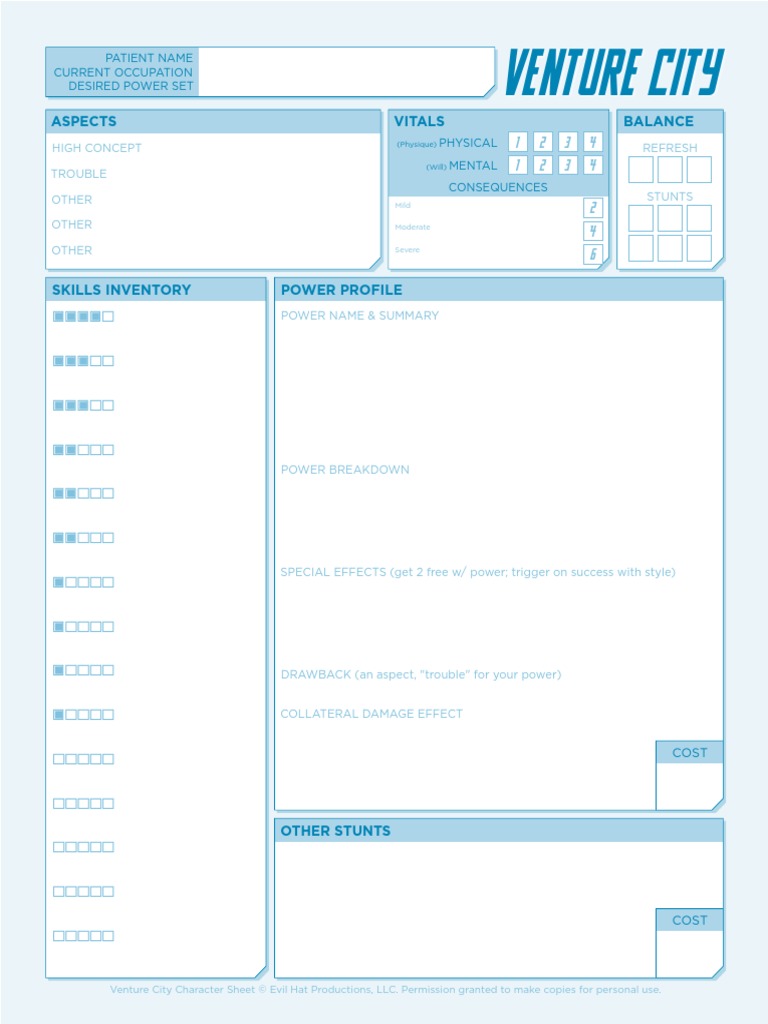Fate Venture City Character Sheet Form Fillable - Printable Forms Free ...