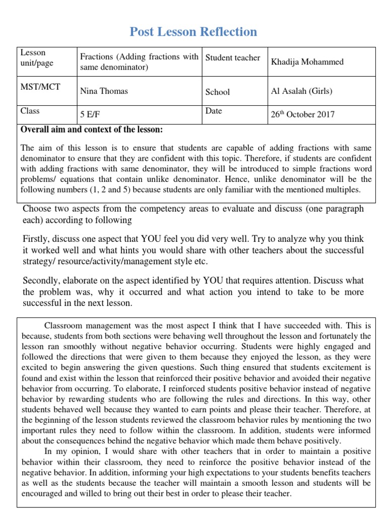 Post-Lesson Reflection on Teaching Fractions | PDF | Behavior ...