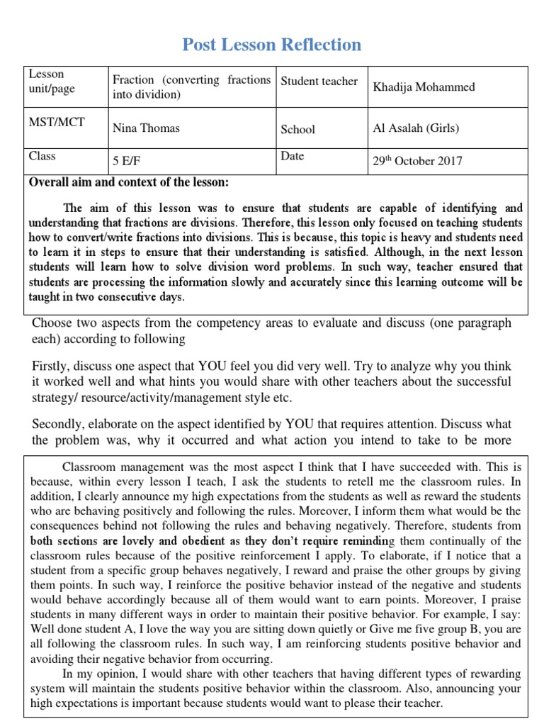 Post-Lesson Reflection on Fraction Teaching | PDF | Reinforcement ...