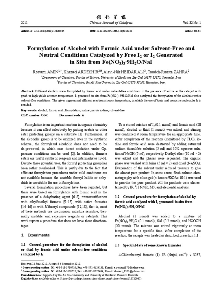 Formylation of Alcohol With Formic Acid Under Solvent-Free and Neutral ...
