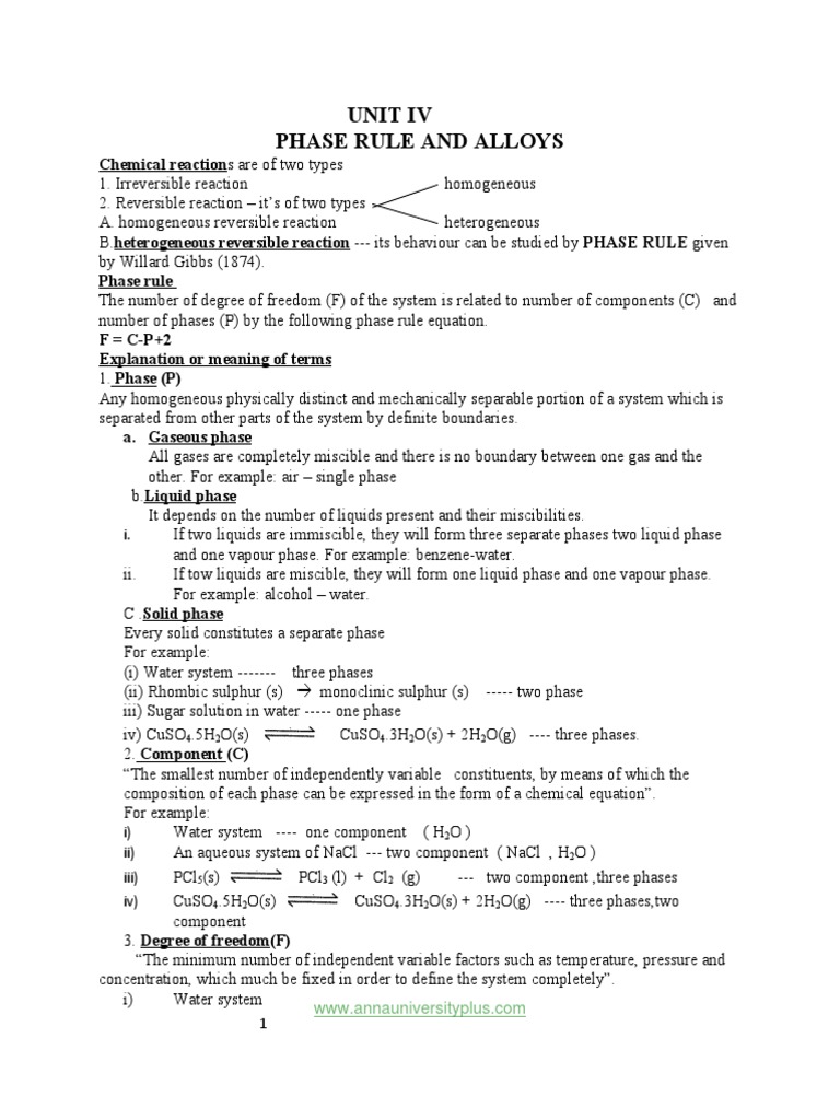 Unit Iv Phase Rule and Alloys: Chemical Reactions Are of Two Types ...