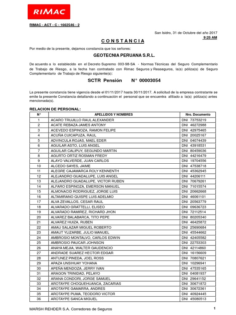 Constancia SCTR Rimac Noviembre 2017 | PDF | Riesgo | Derecho empresarial