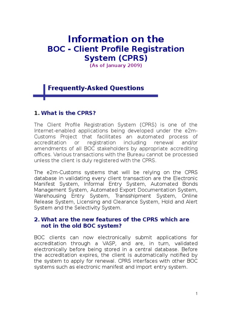 Information On The: BOC - Client Profile Registration System (CPRS ...