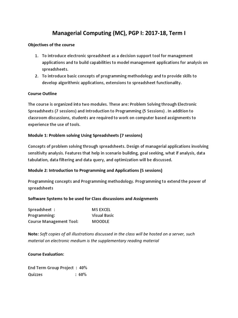 Managerial Computing (MC), PGP I: 2017-18, Term I: Material On Electronic Medium Is The ...