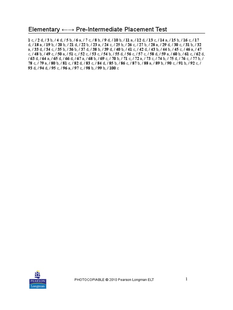 Elementary Pre-Intermediate Placement Test Key | PDF