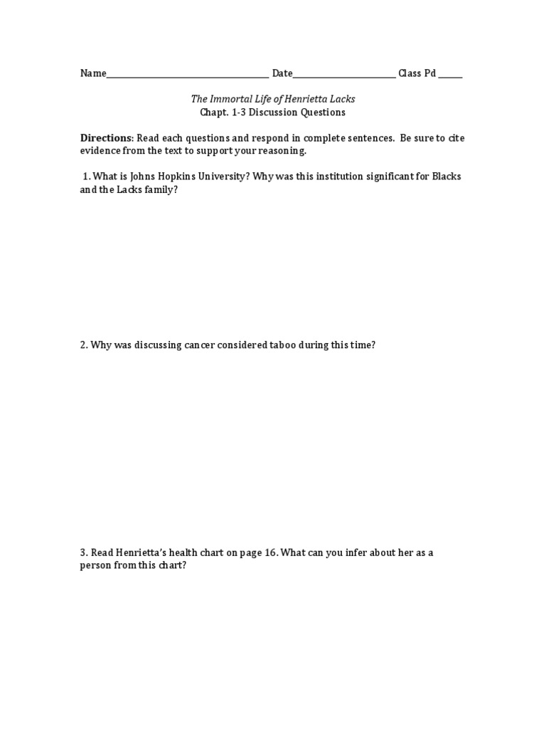 The Immortal Life of Henrietta Lacks CH 1-3 Discussion Questions | PDF