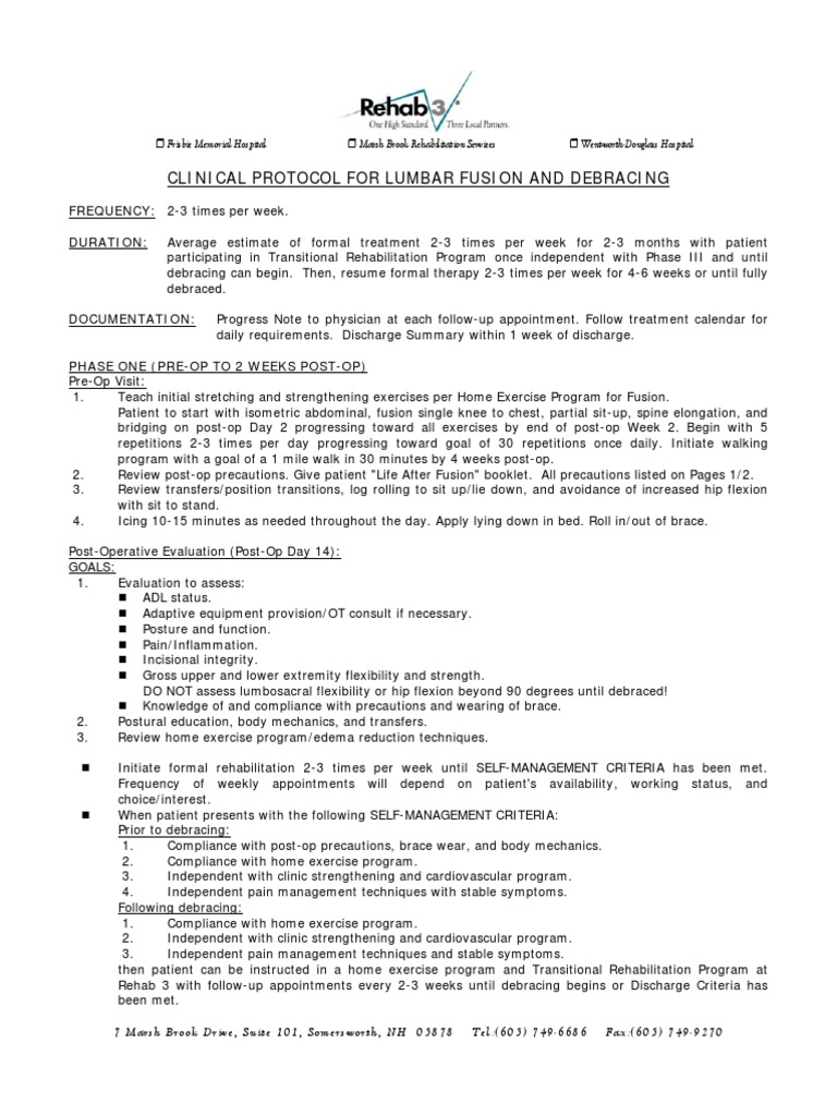 Clinical Protocol For Lumbar Fusion And Debracing