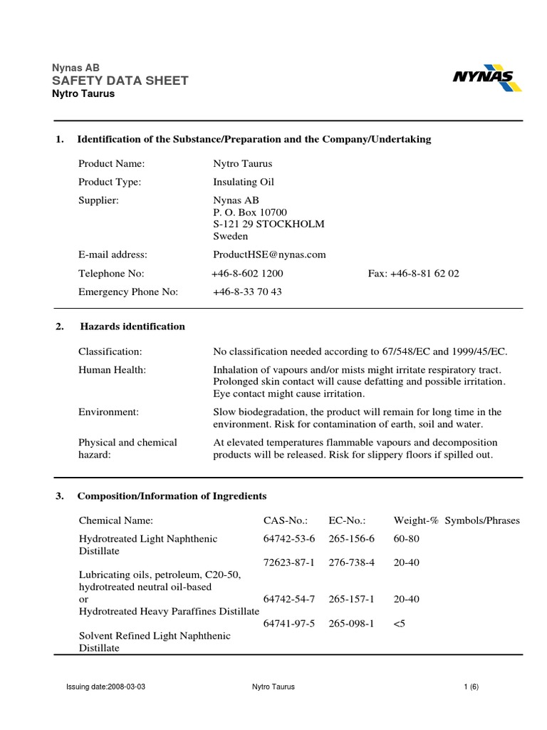 Nytro Taurus Safety Data Sheet | PDF | Toxicity | Dangerous Goods