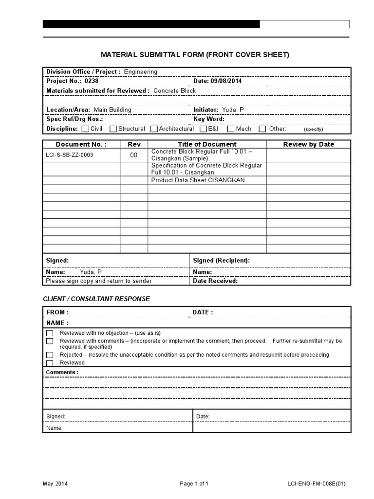 Sample Material Approval - Concrete Block | PDF | Specification ...