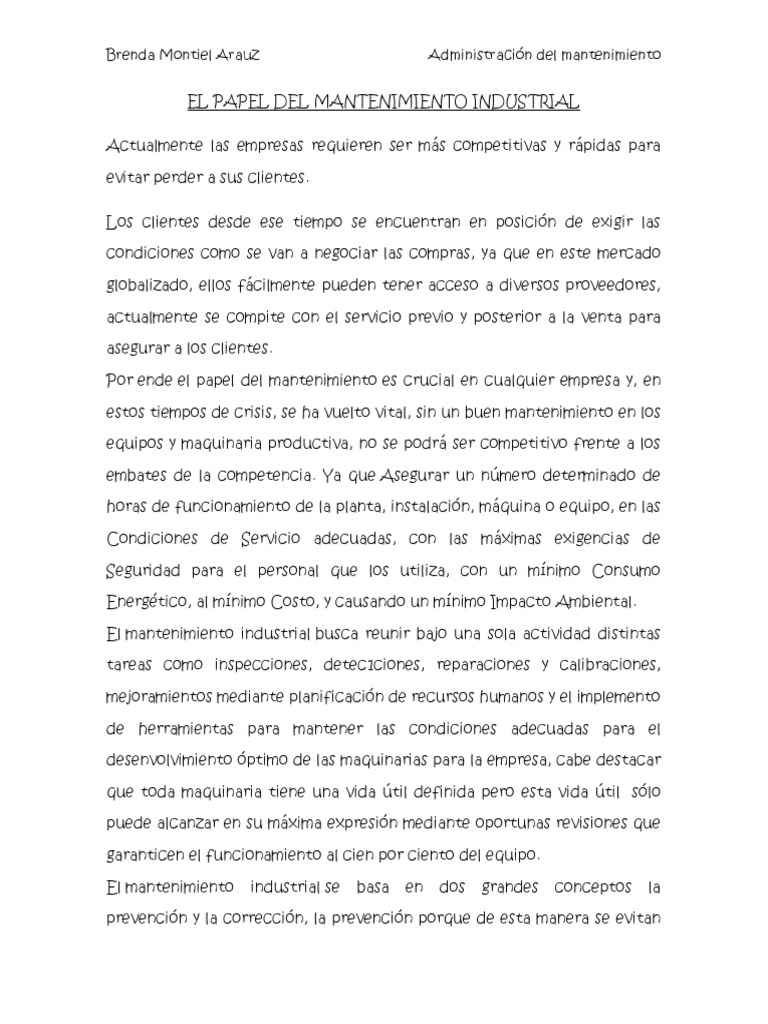 El Papel Del Mantenimiento Industrial | PDF | Ingeniería de confiabilidad | Business