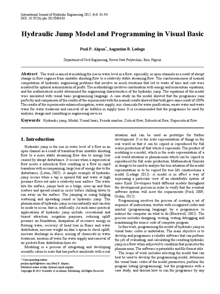 Hydraulic Jump Model and Programming in Visual Basic: Paul P. Akpan ...