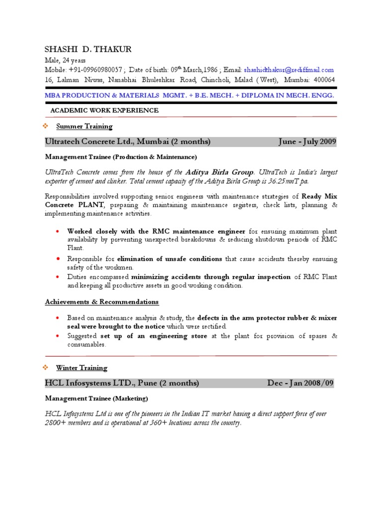 Shashi Dinanath Thakur Resume (MBA + B.E.Mechanical) | PDF ...