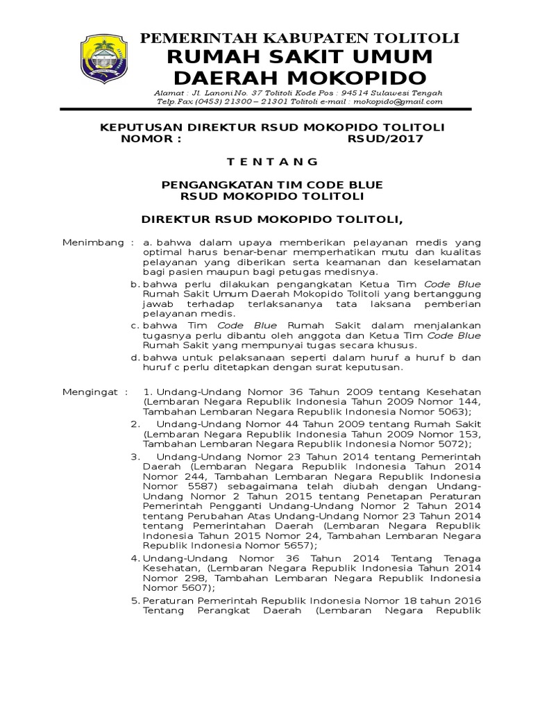 Pengangkatan Tim Code Blue RSUD | PDF