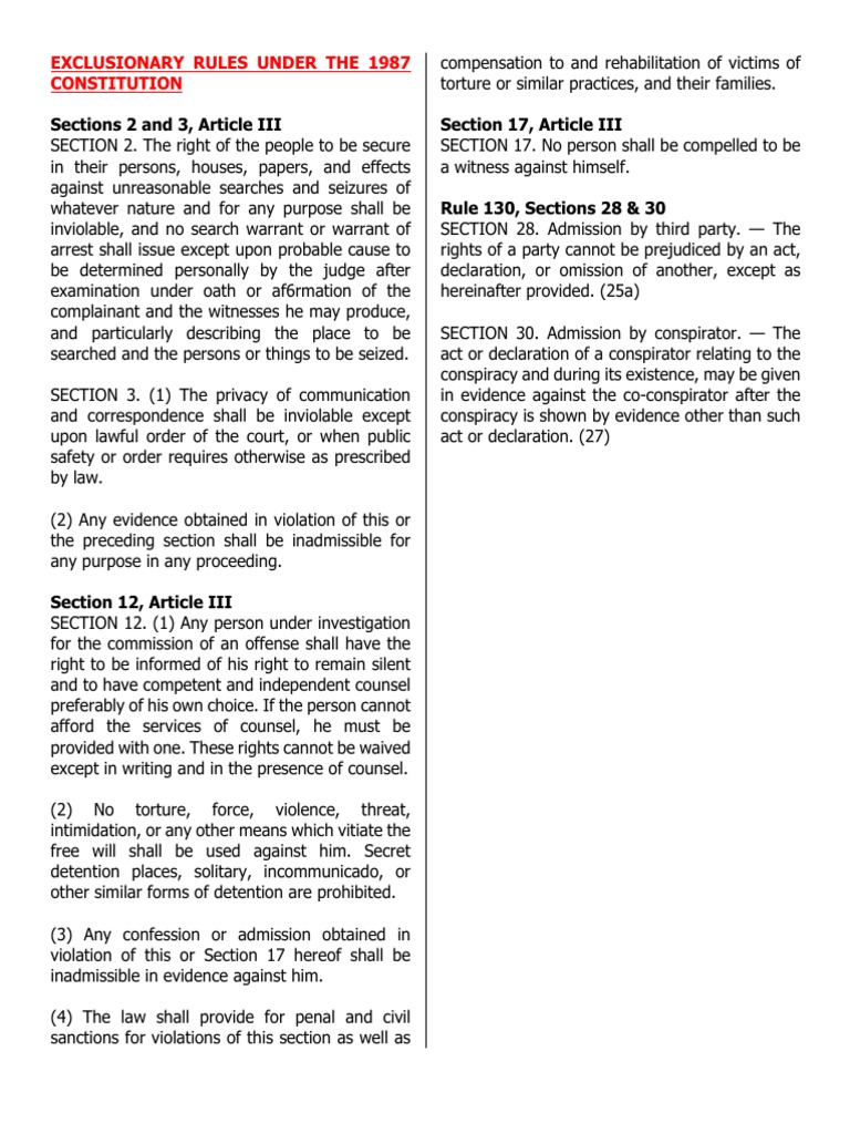 Exclusionary Rules Evidence Constitution | PDF | Exclusionary Rule ...