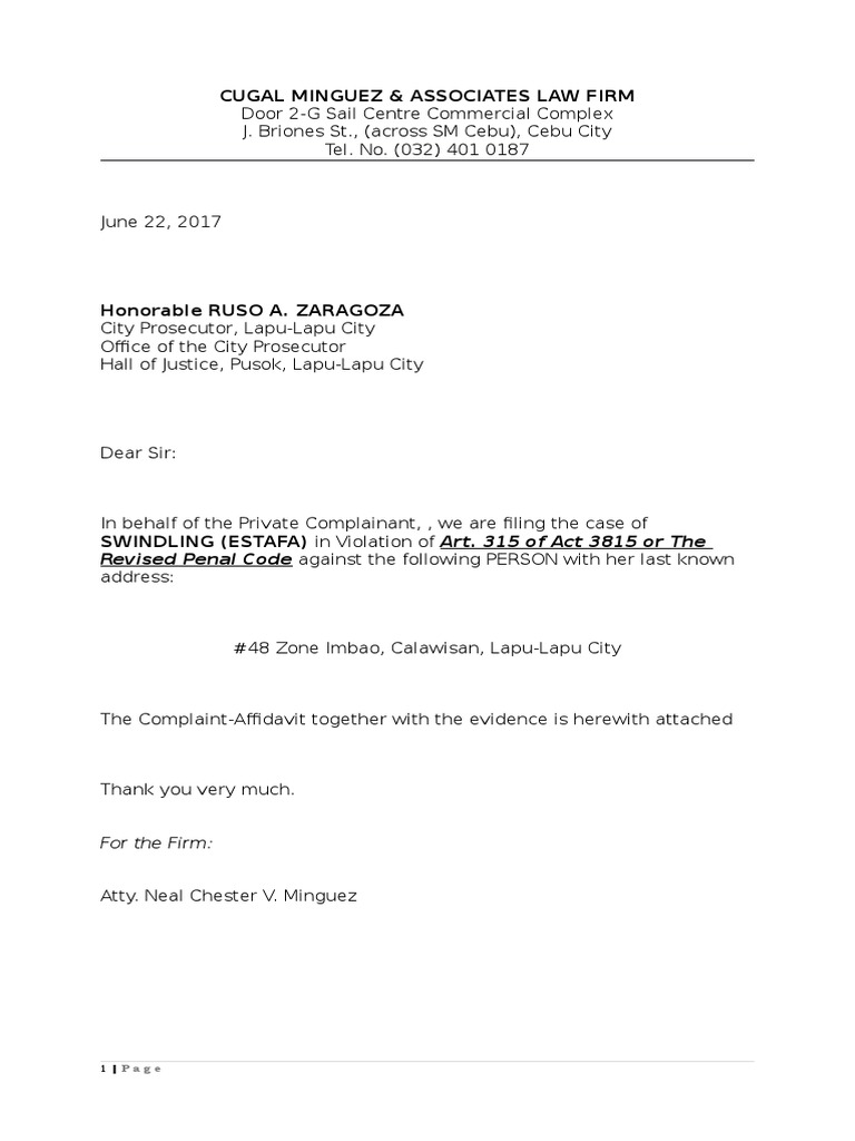 Sample of Cover Letter To The Prosecutors Office | PDF | Law ...